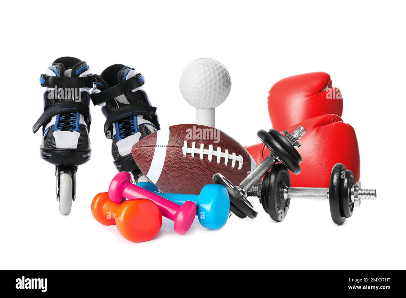 Set of different sport equipment on white background Stock Photo - Alamy
