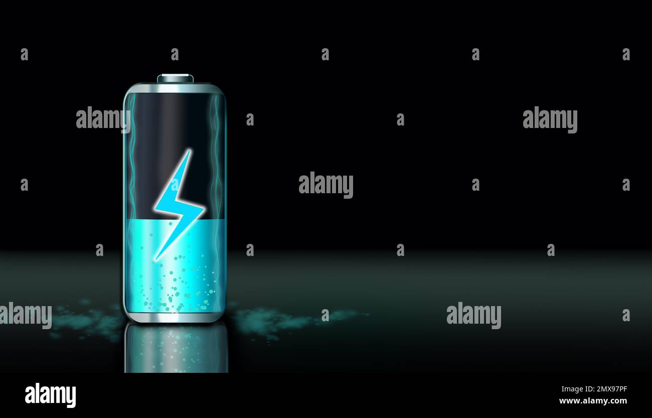 Battery charging icon on black background, space for text. Illustration ...