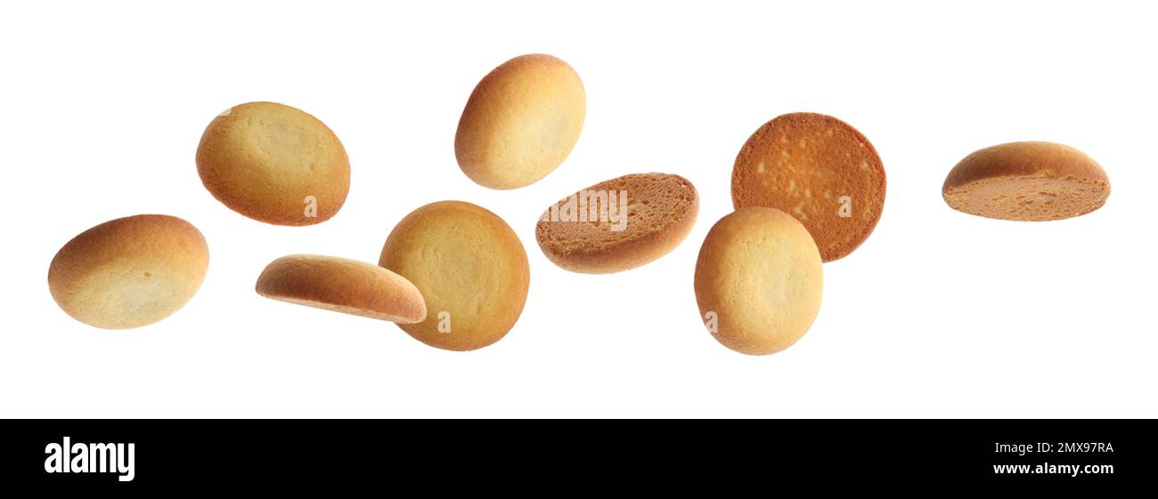Set of falling delicious shortbread cookies on white background. Banner ...
