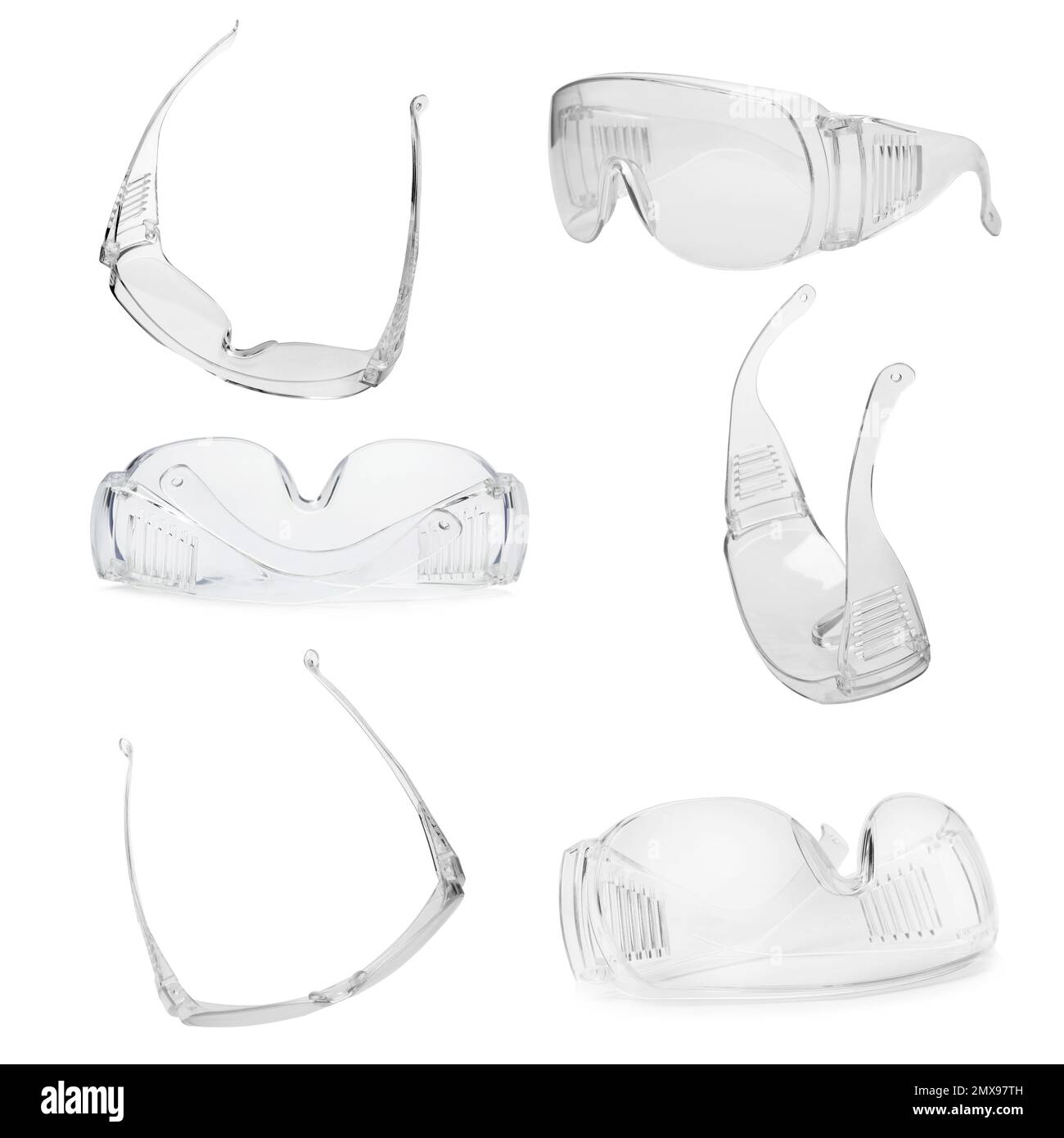 Set with protective goggles on white background. Construction tool ...
