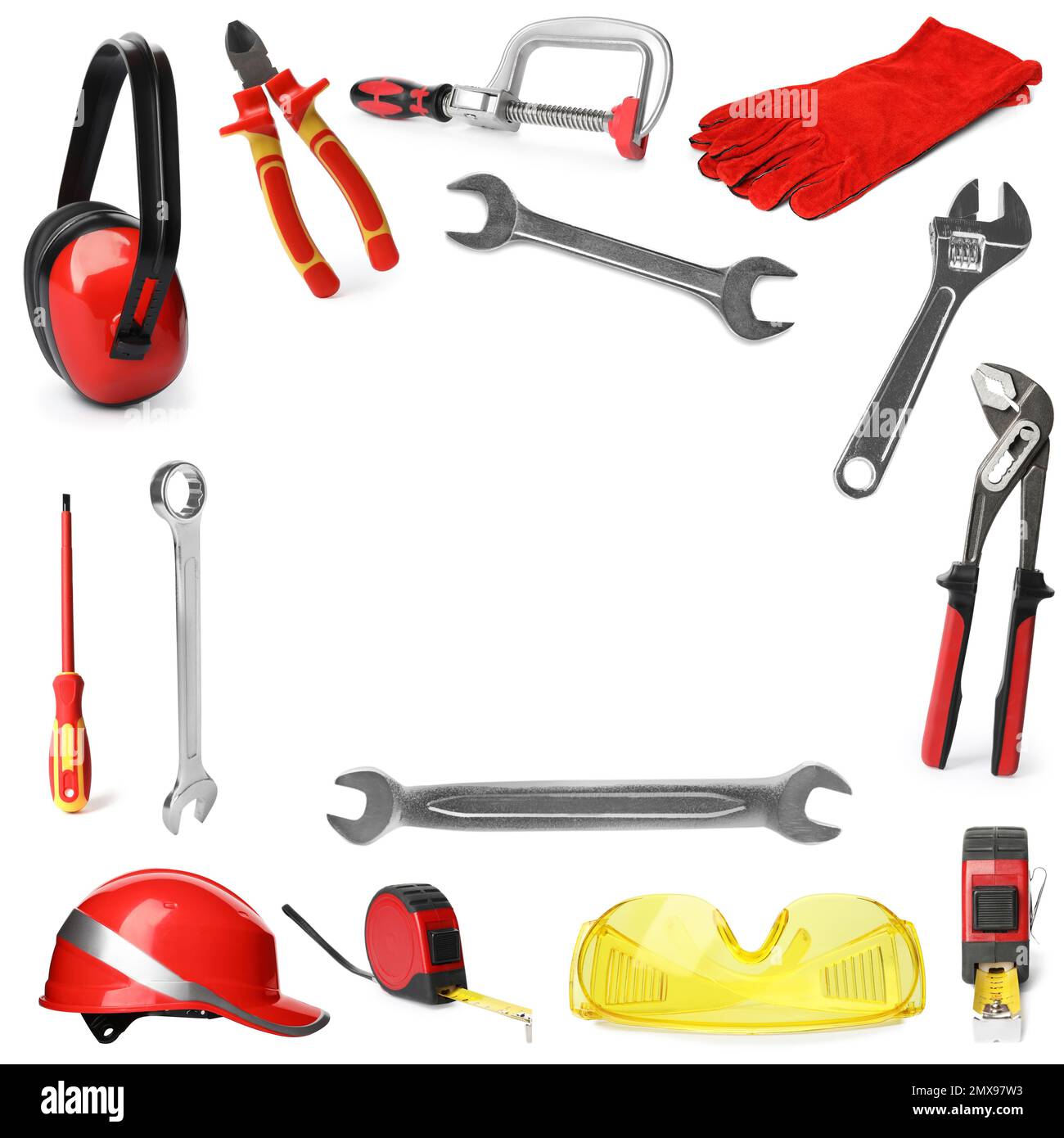 Set with different construction tools on white background Stock Photo ...