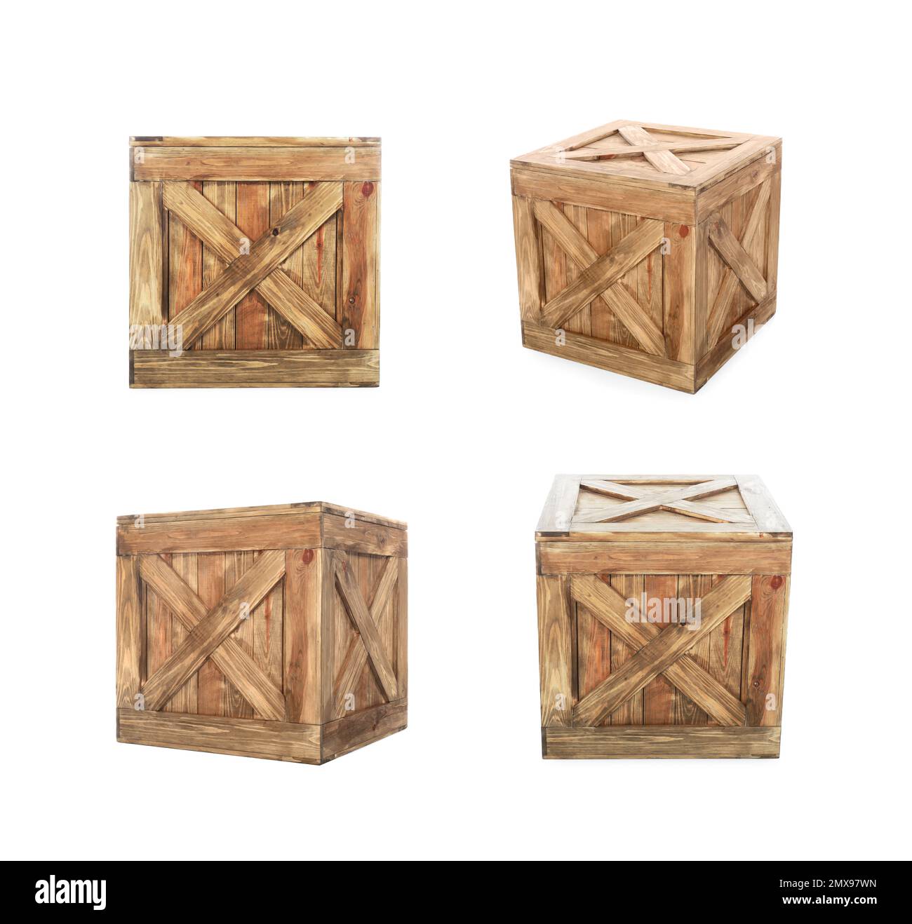 Set of old closed wooden crates on white background Stock Photo - Alamy