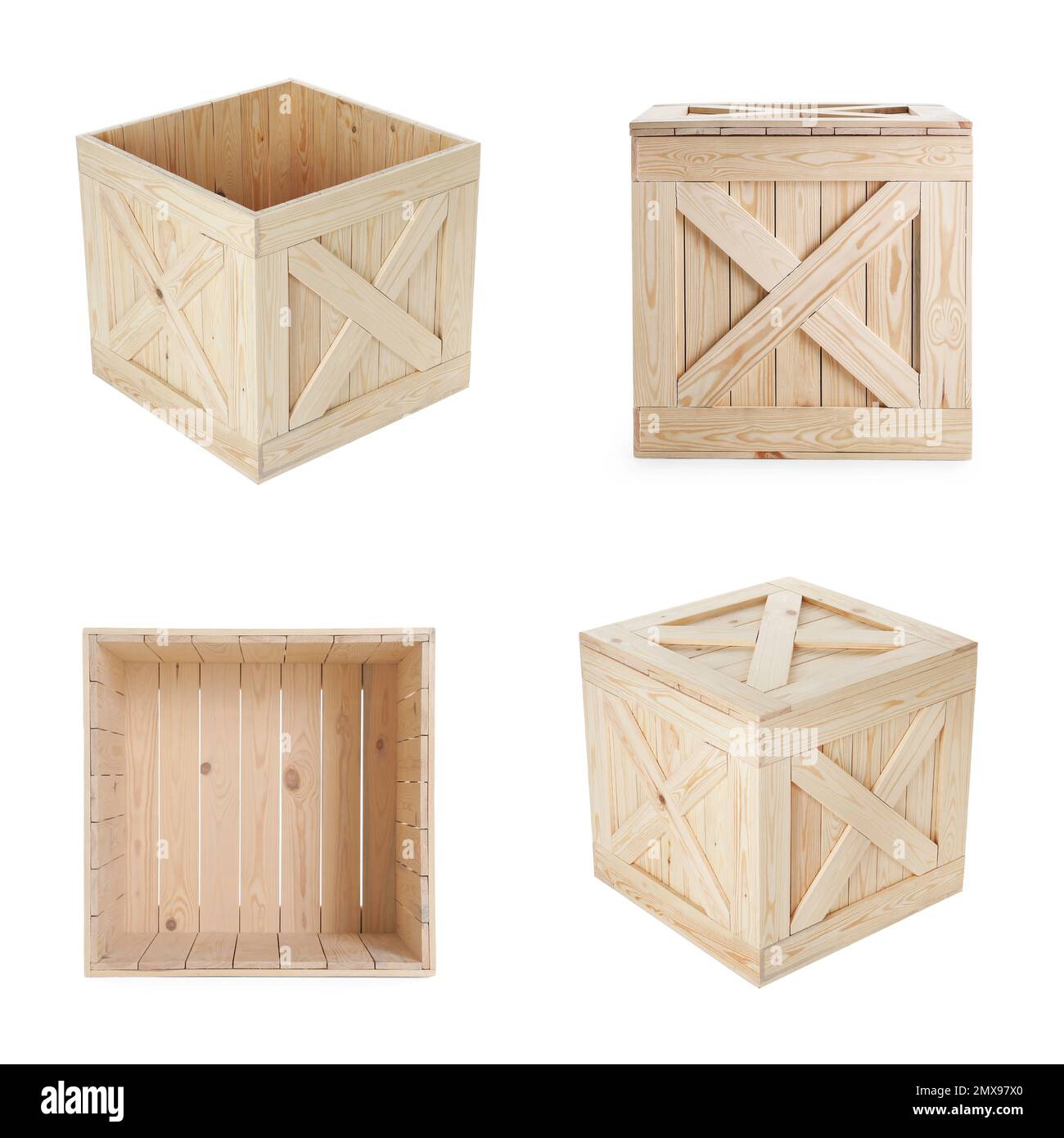 Set of new wooden crates on white background Stock Photo - Alamy