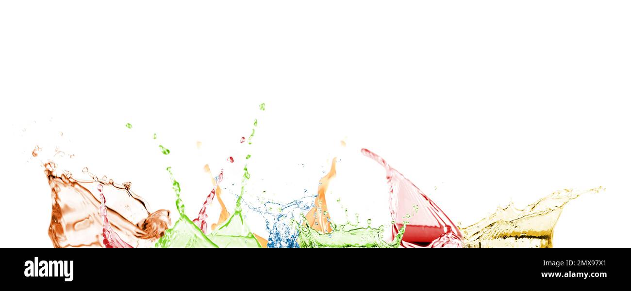 Splashes of different juices on white background. Banner design Stock ...