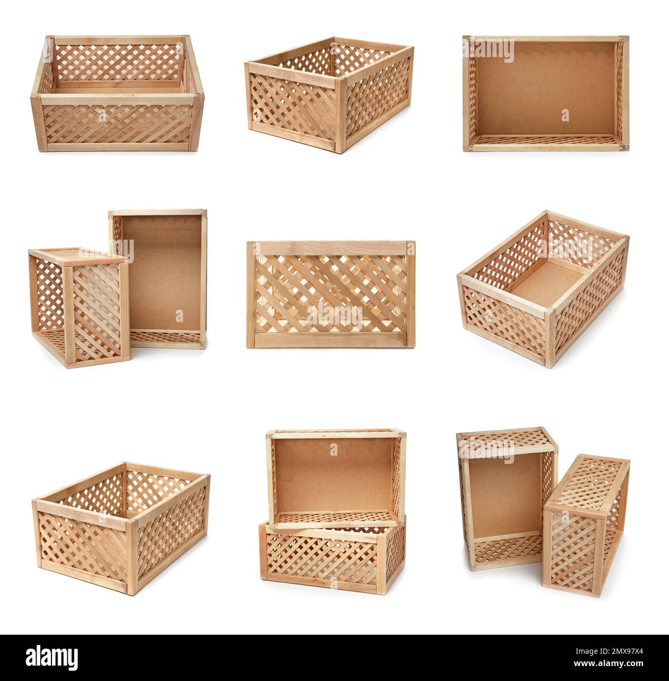 Set of wooden crates on white background Stock Photo - Alamy