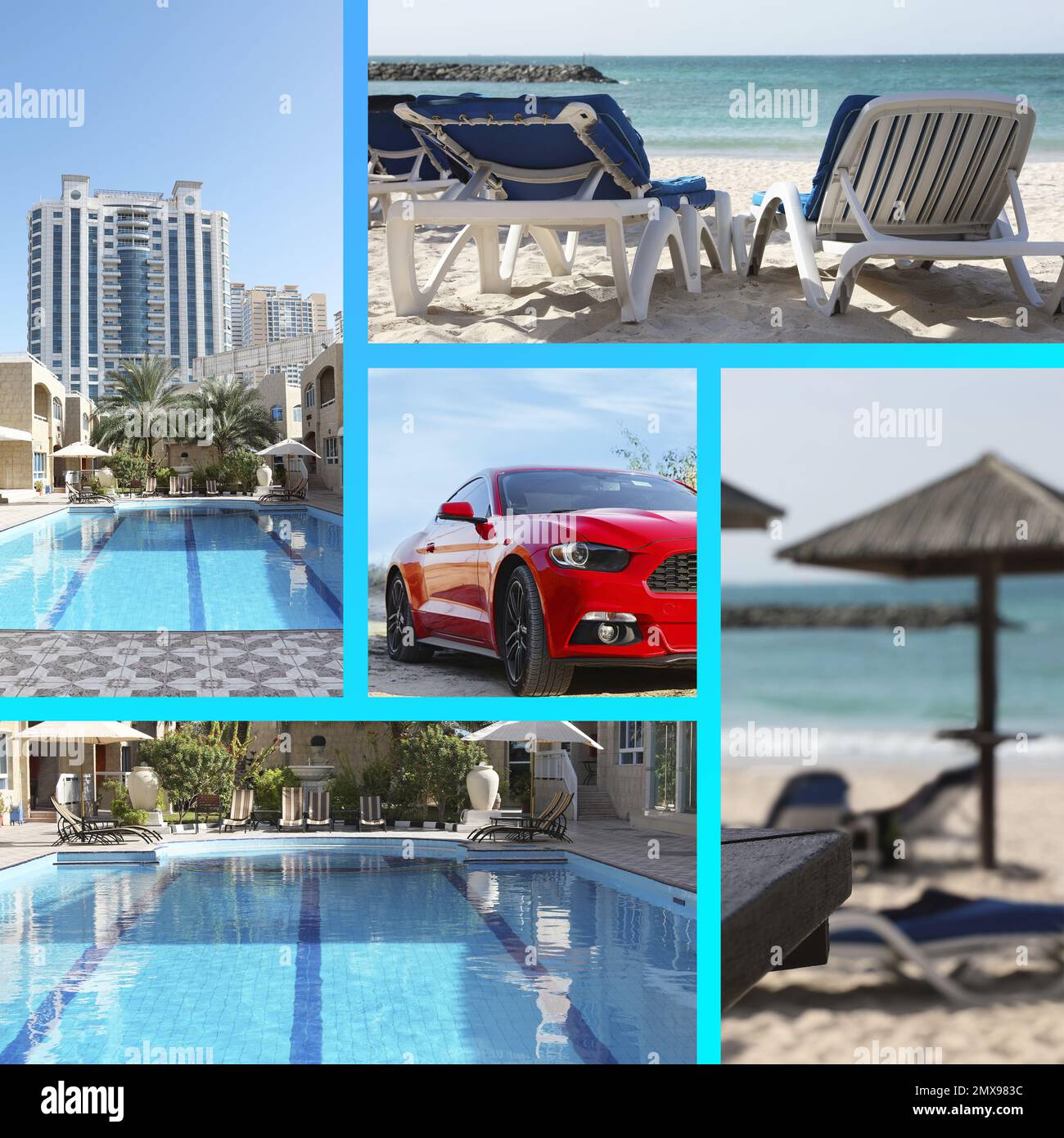 Collage of beautiful pictures with luxury hotels, tropical resorts and ...