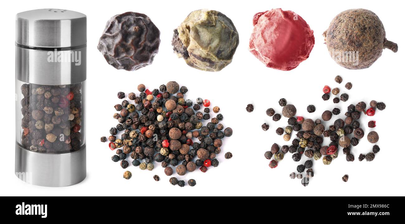 Set of different peppercorns on white background. Banner design Stock ...