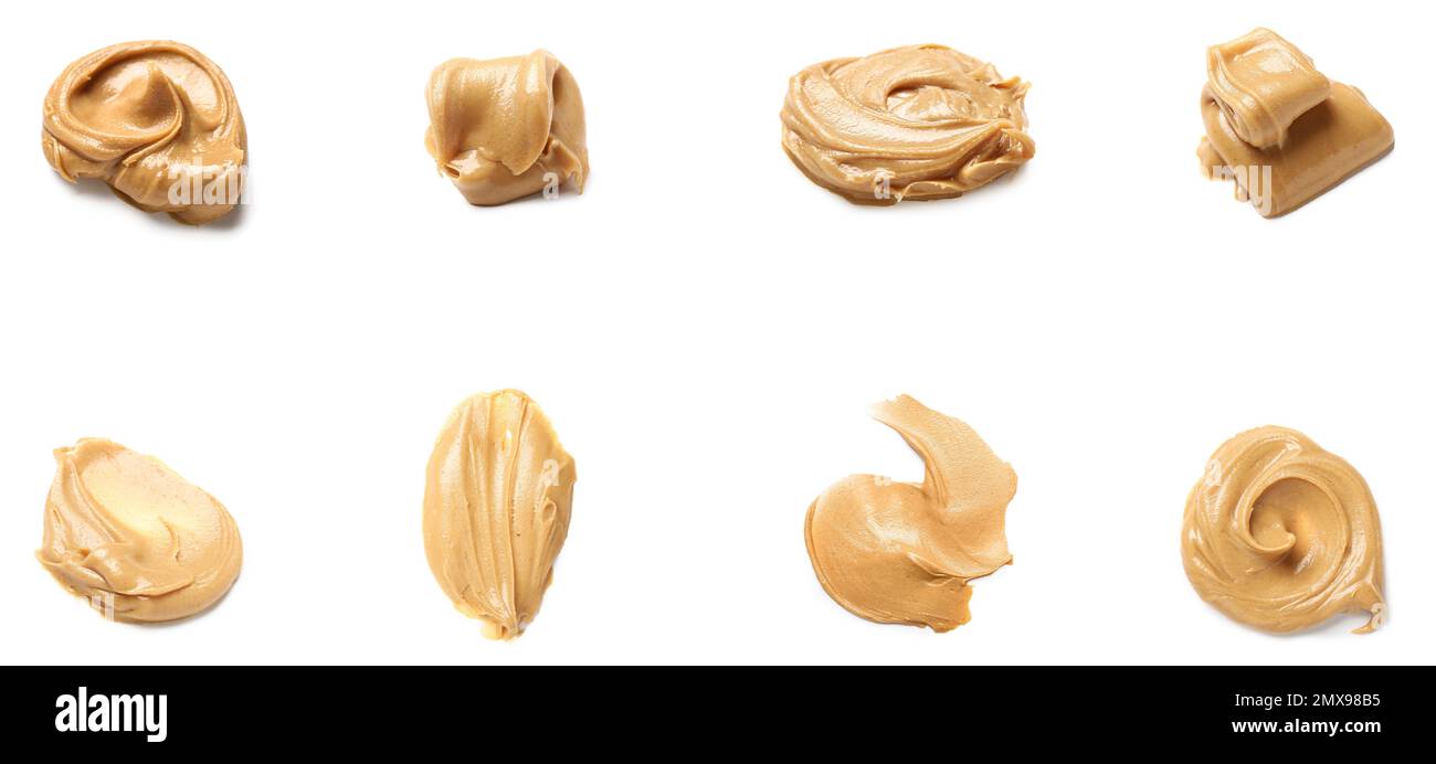 Collage of nut butter on white background Stock Photo - Alamy
