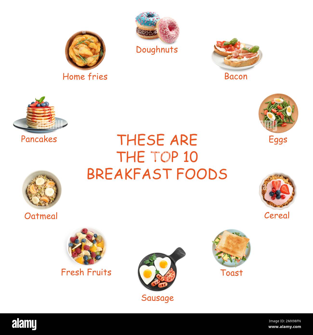 Set of different delicious dishes for breakfast on white background ...