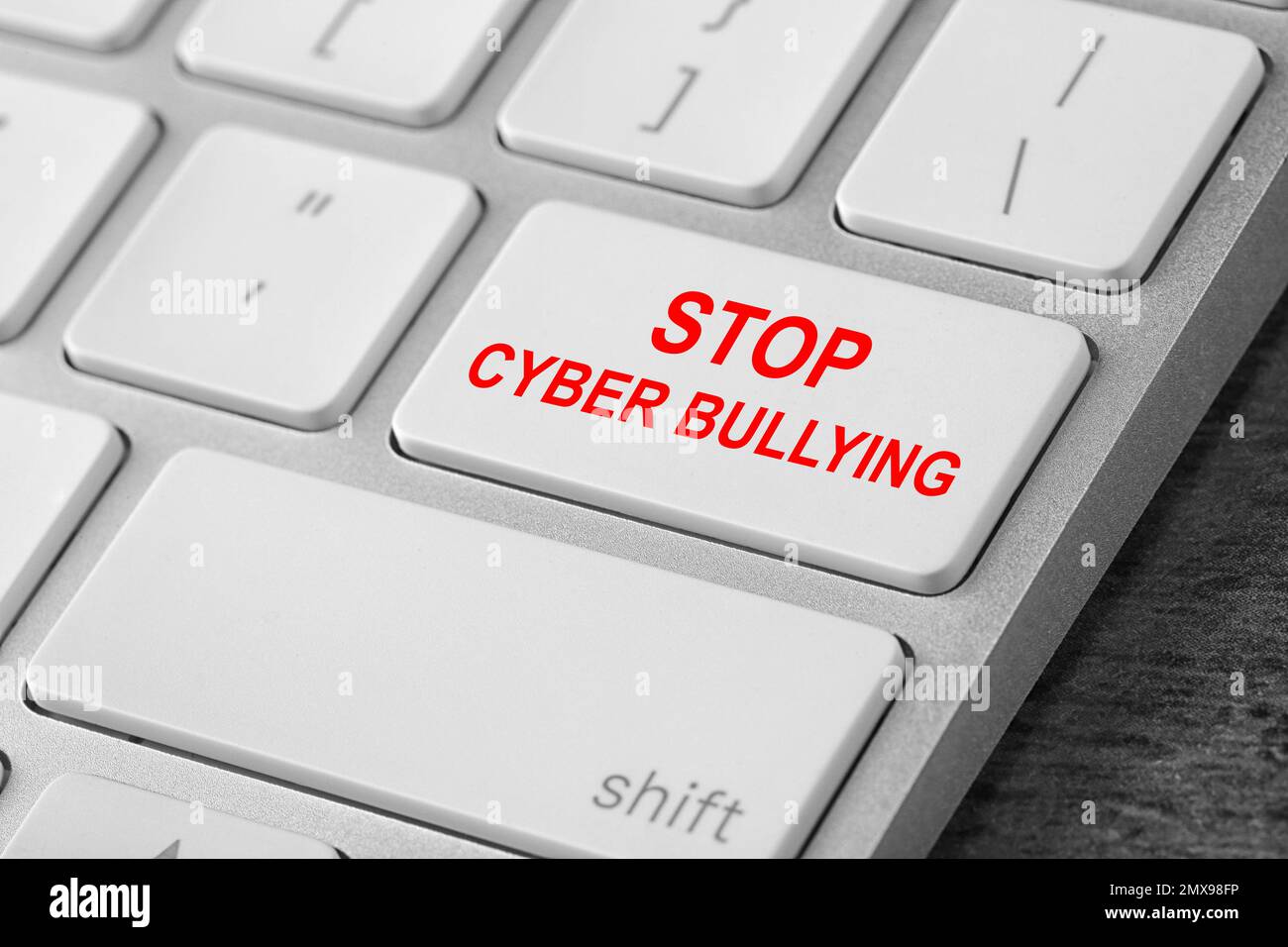 Modern computer keyboard with phrase STOP CYBER BULLYING on white ...