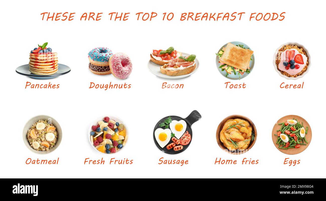 Set of different delicious dishes for breakfast on white background ...