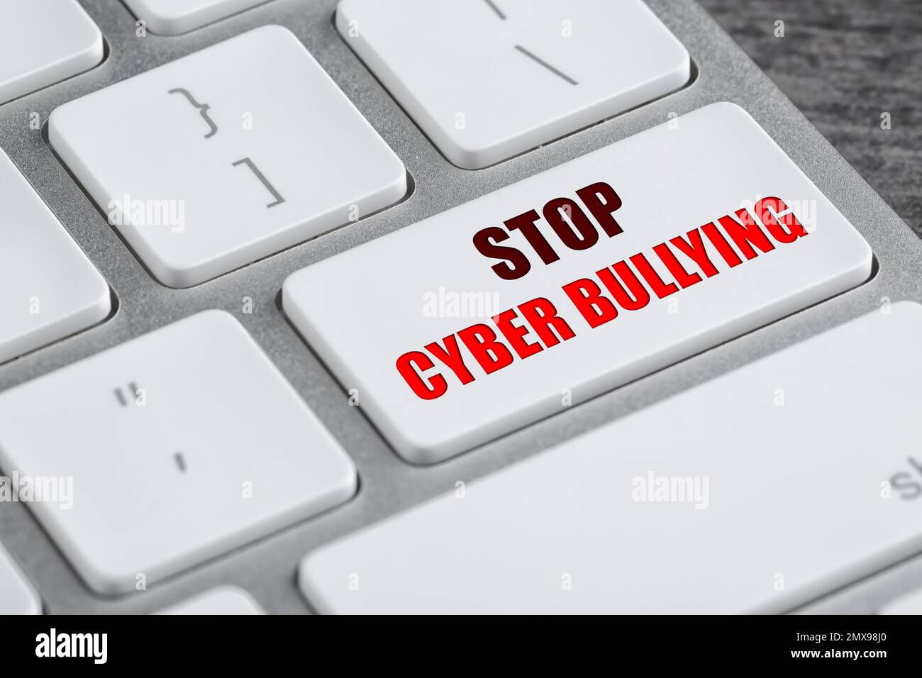 Modern computer keyboard with phrase STOP CYBER BULLYING on white ...