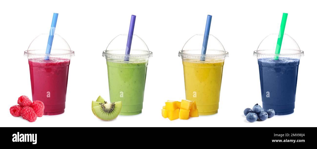 Set of different fresh tasty smoothies on white background. Banner ...