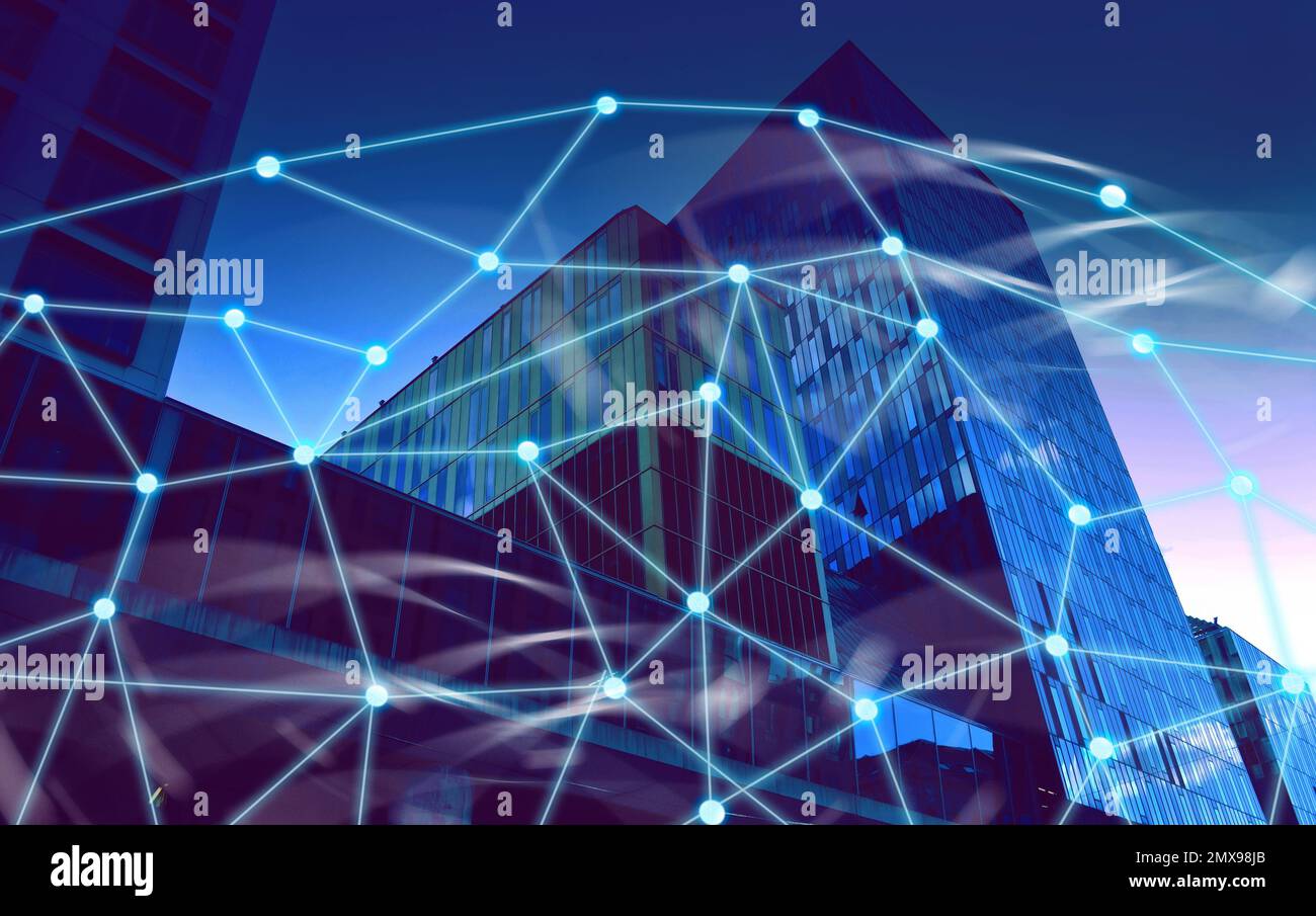Beautiful cityscape and network connection lines Stock Photo - Alamy