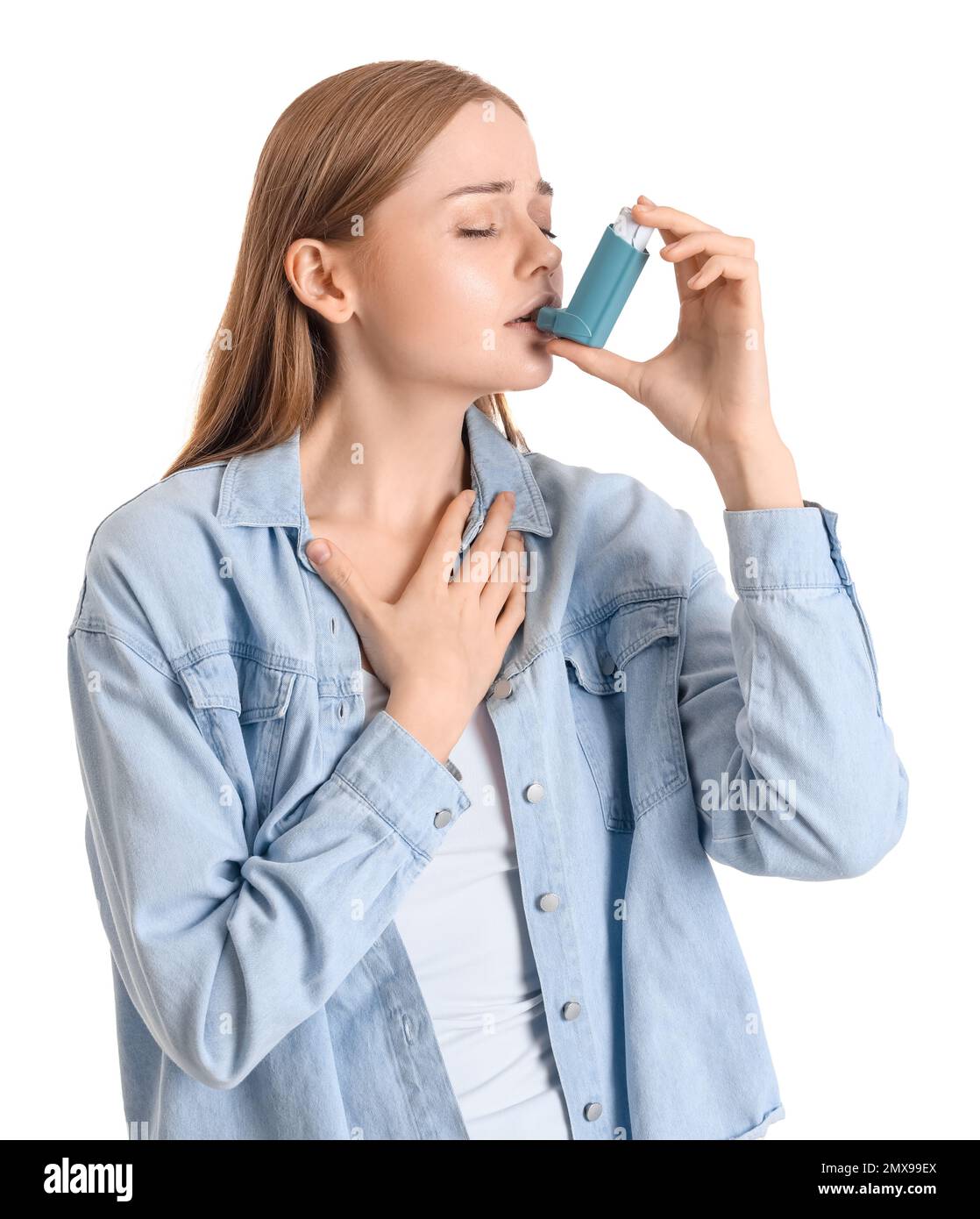 Sick young woman with inhaler on white background Stock Photo - Alamy