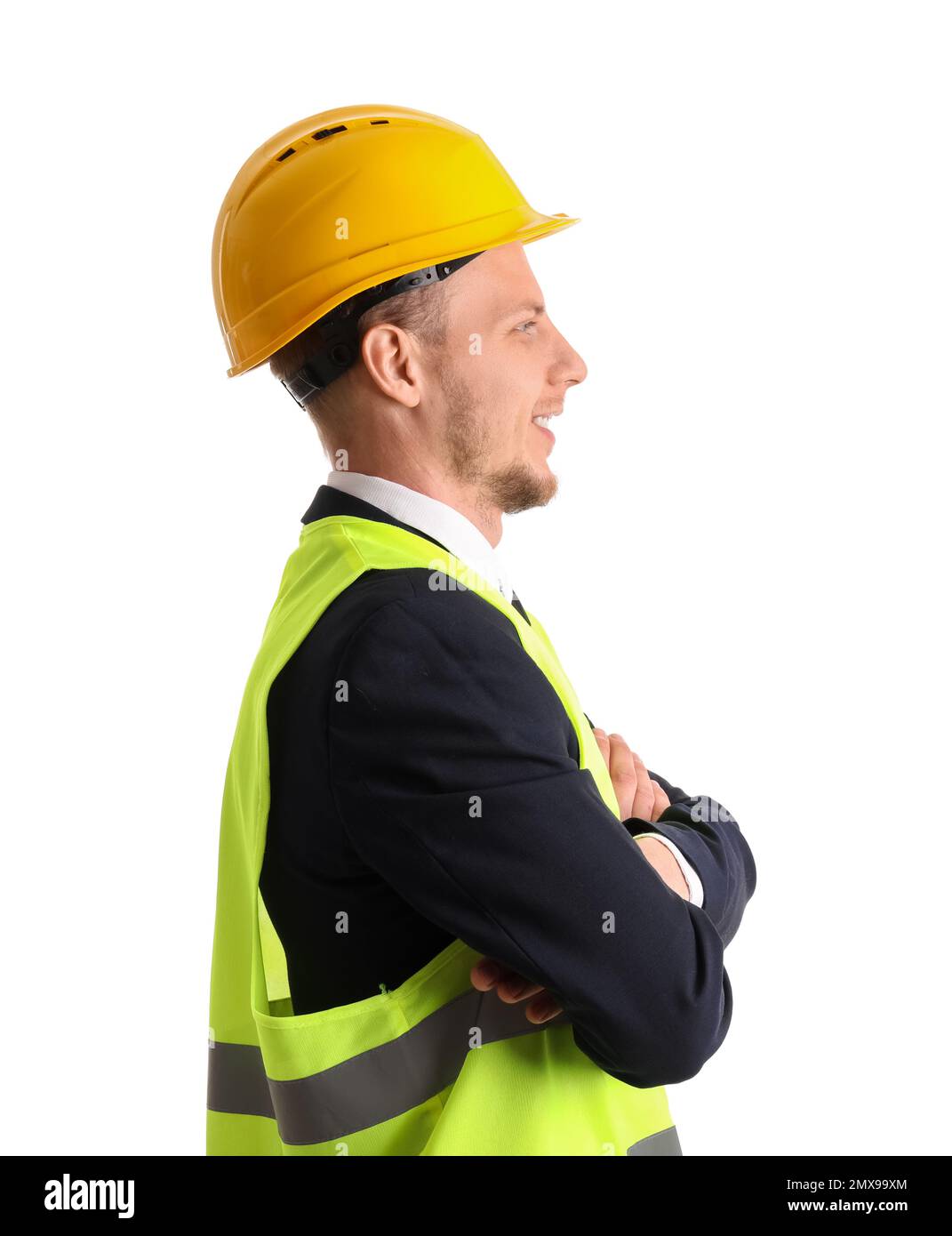 Male architect in vest on white background Stock Photo - Alamy
