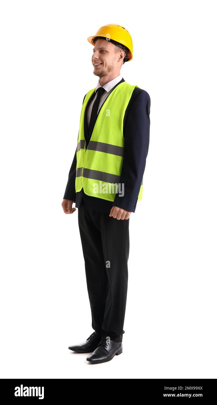 Male architect in vest on white background Stock Photo - Alamy