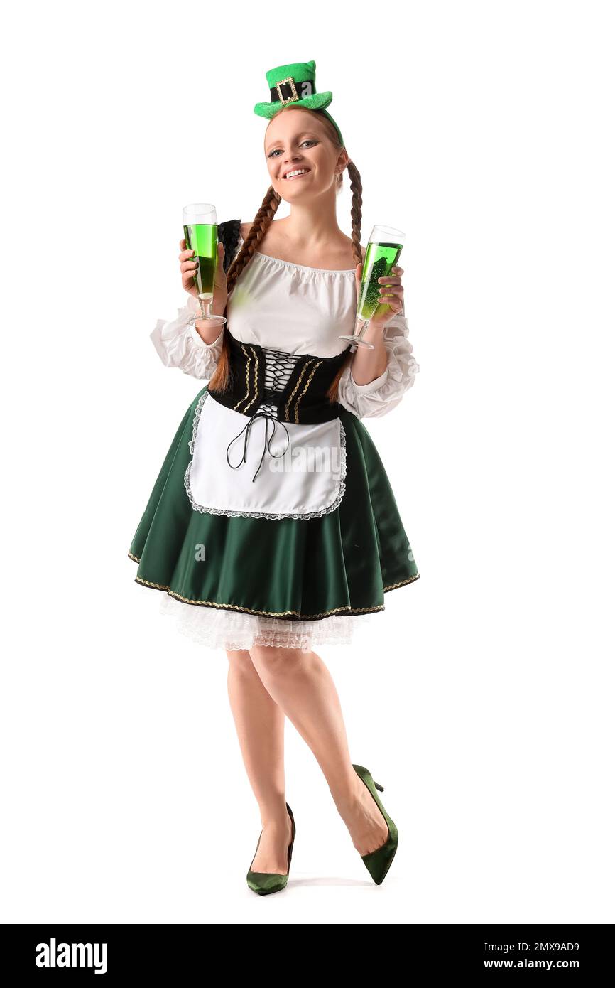 Irish waitress with glasses of beer on white background. St. Patrick's ...