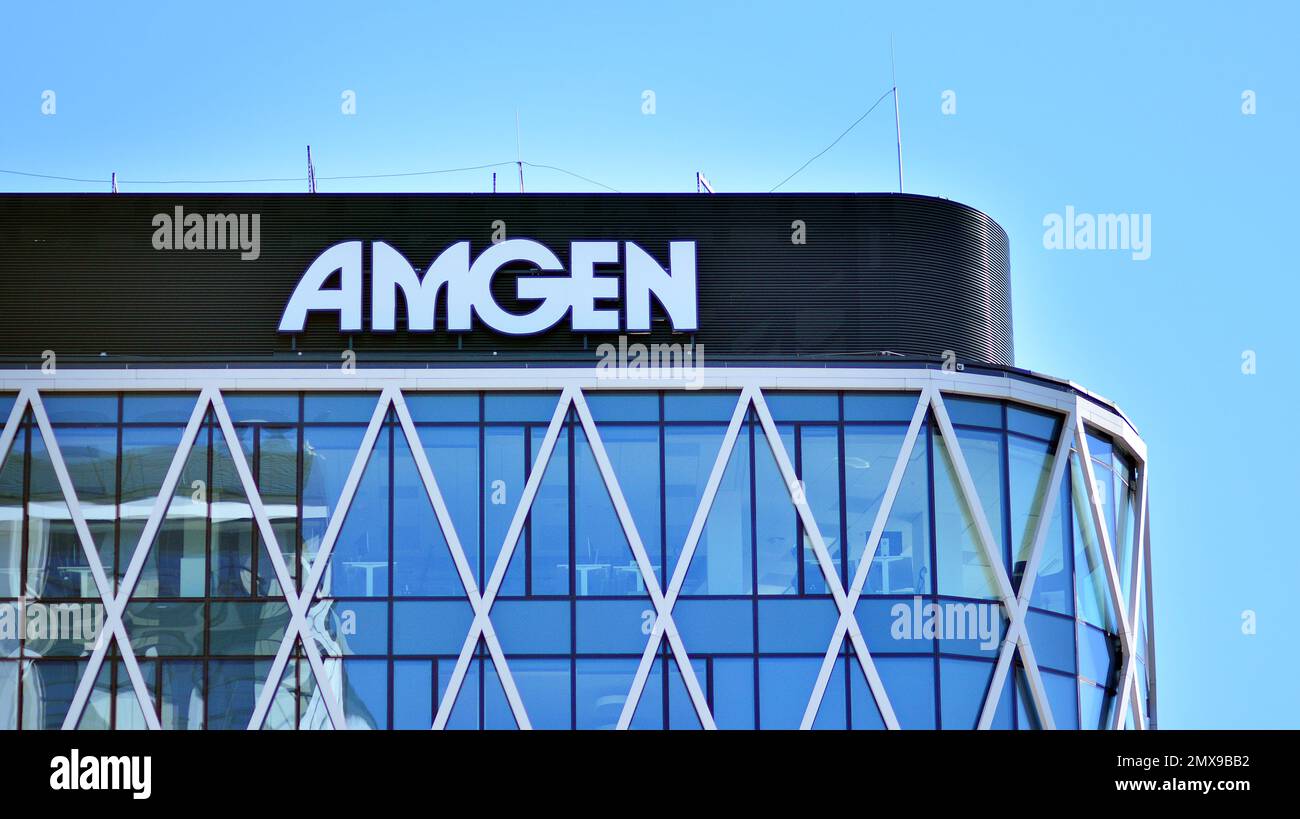 Warsaw, Poland. 4 Oktober 2021. Sign Amgen. Company signboard Amgen ...