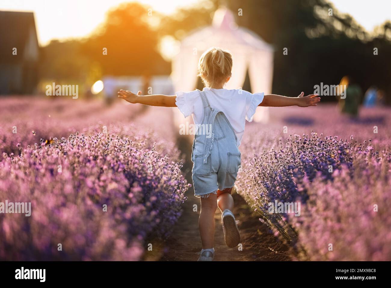 Back view of happy child girl runs raising her hands like flying plane ...