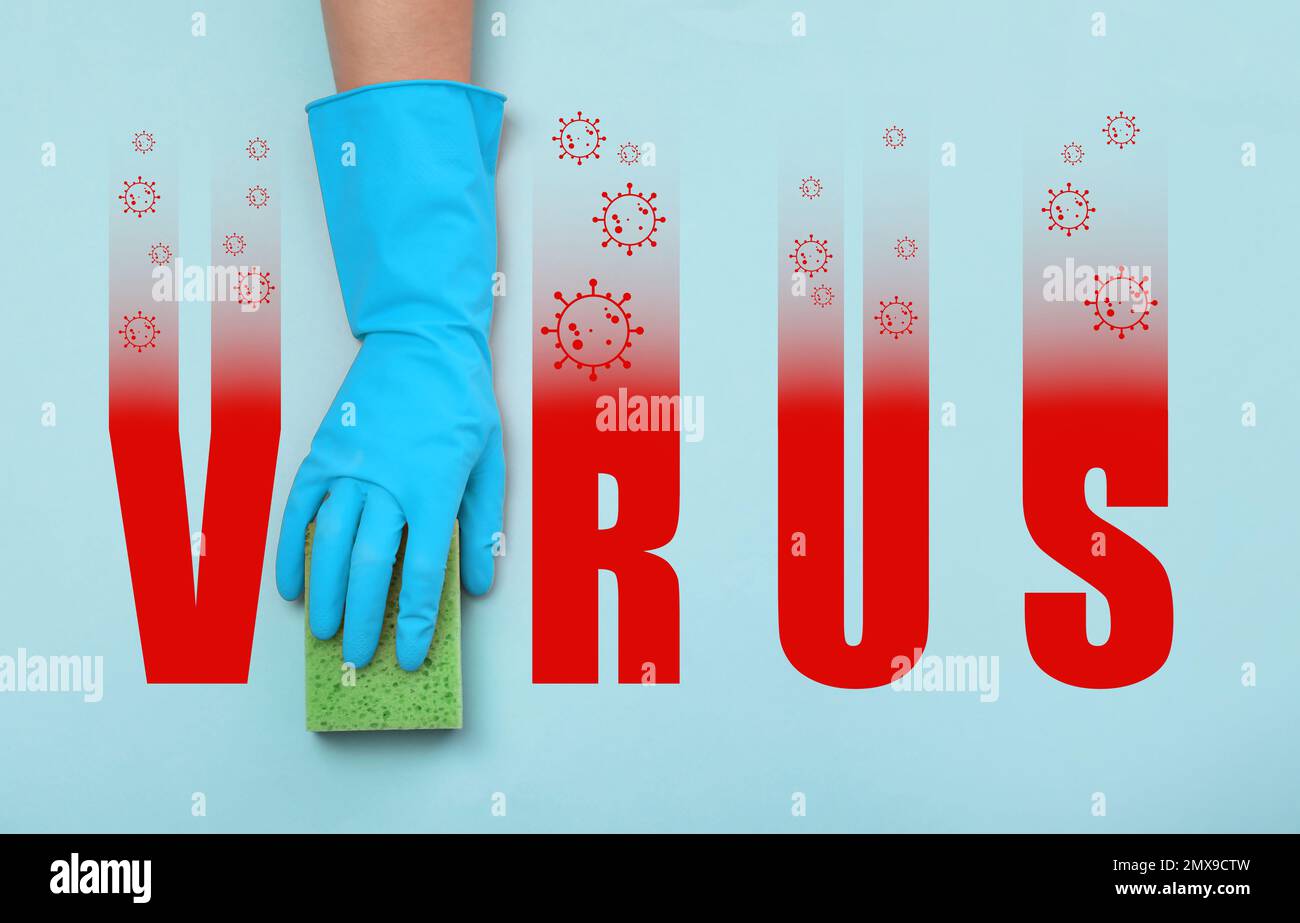Cleaning vs viruses. Woman washing surface with sponge and disinfecting ...