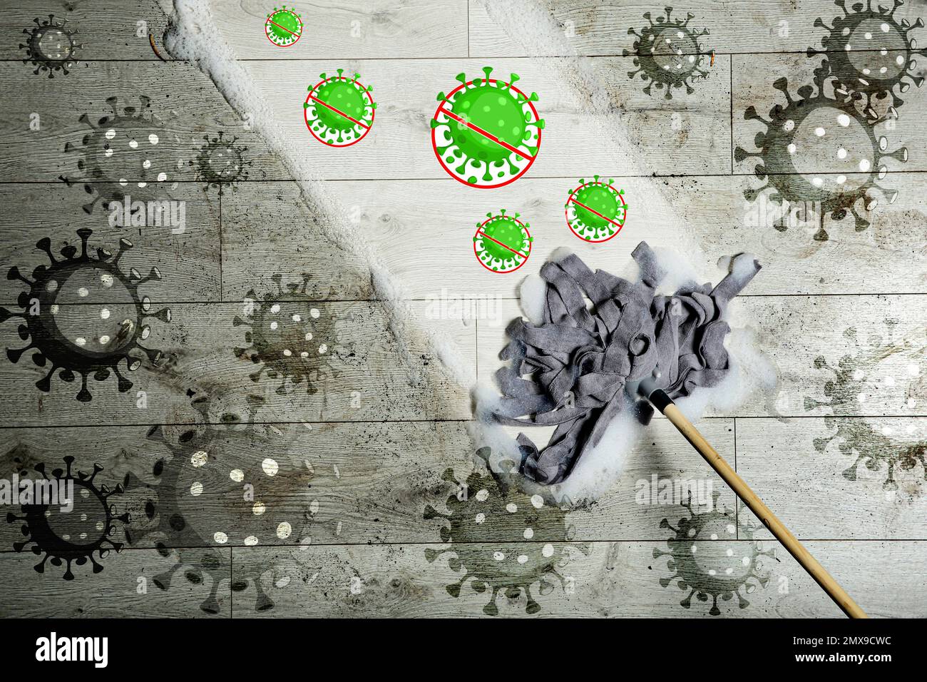 Cleaning vs viruses. Washing floor with mop and disinfecting solution ...