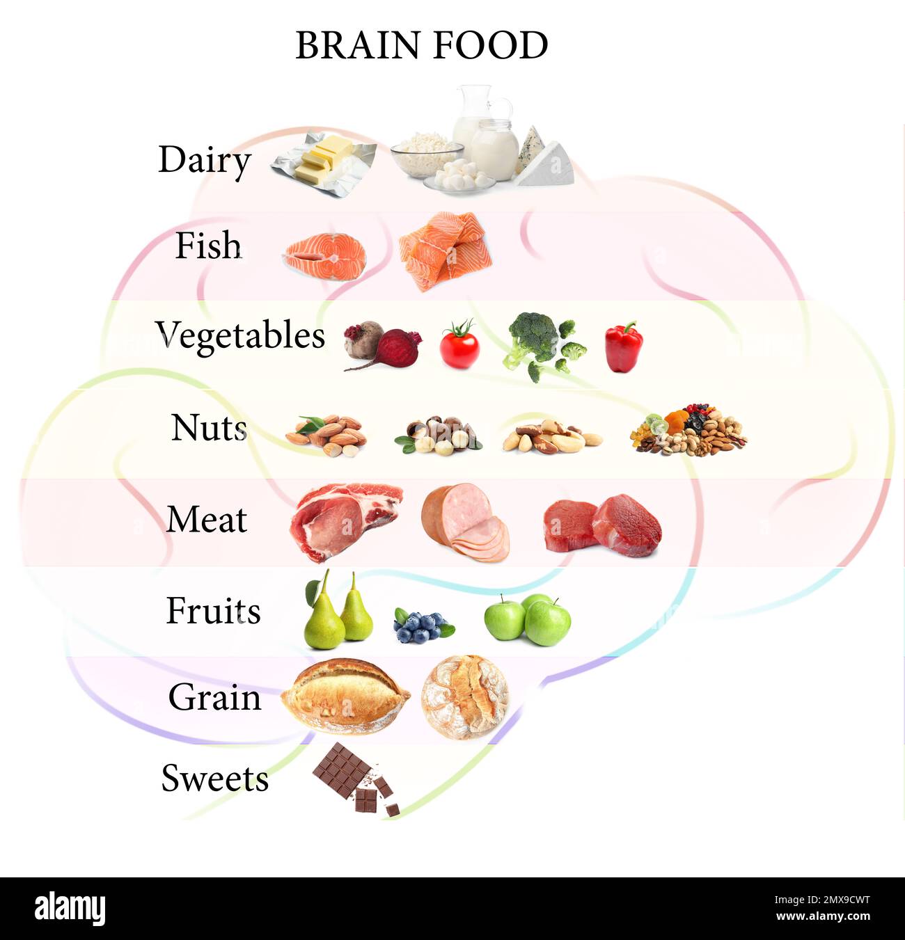 Set with different brain food on white background Stock Photo - Alamy