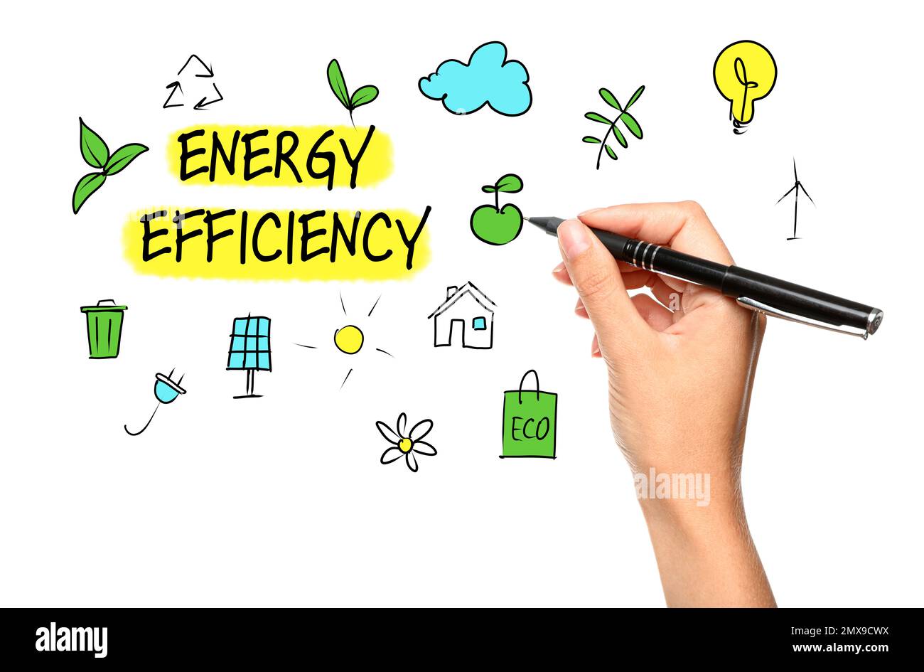Energy efficiency concept. Woman drawing on white background Stock ...