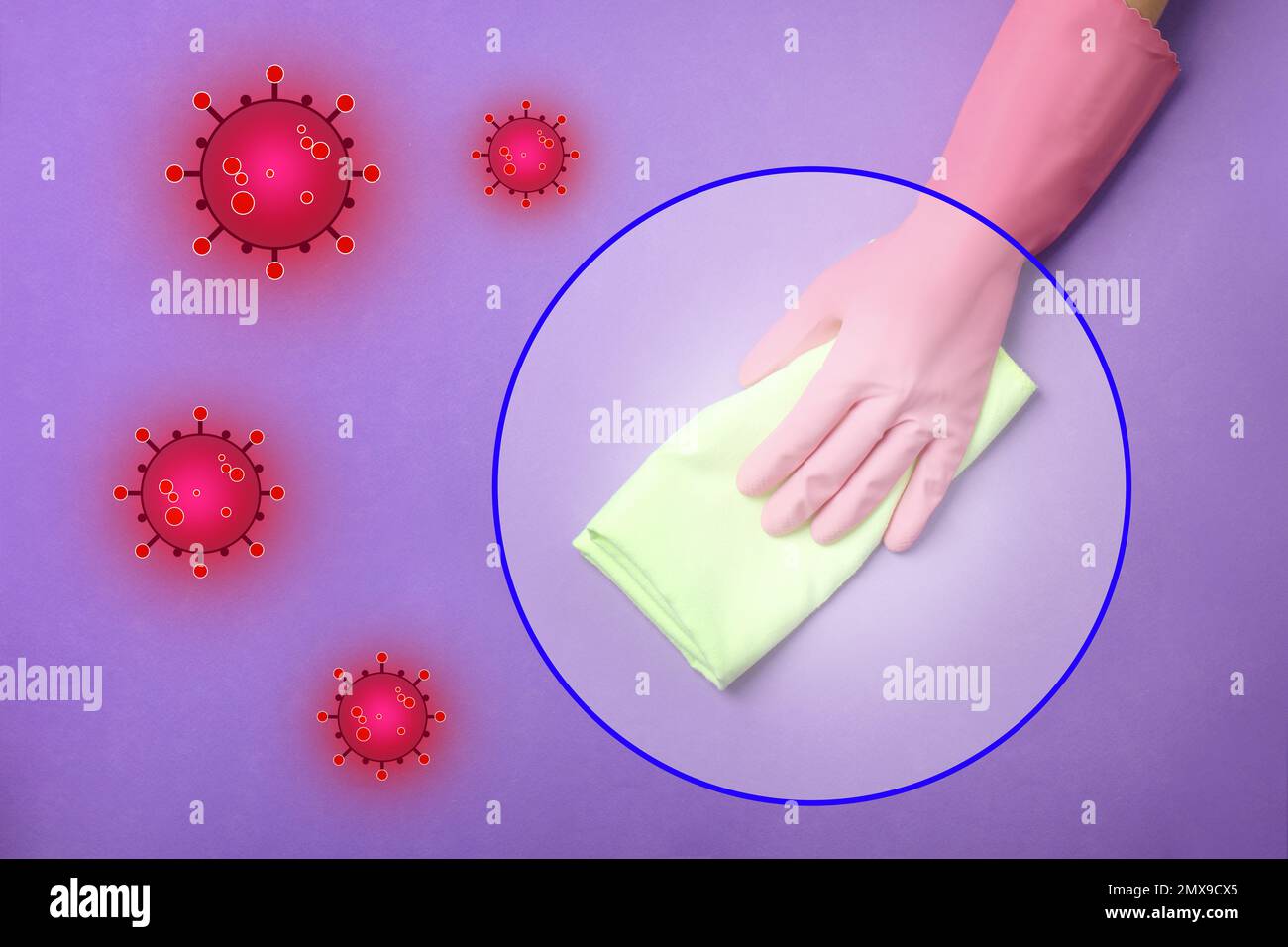 Cleaning vs viruses. Woman washing surface with rag and disinfecting ...