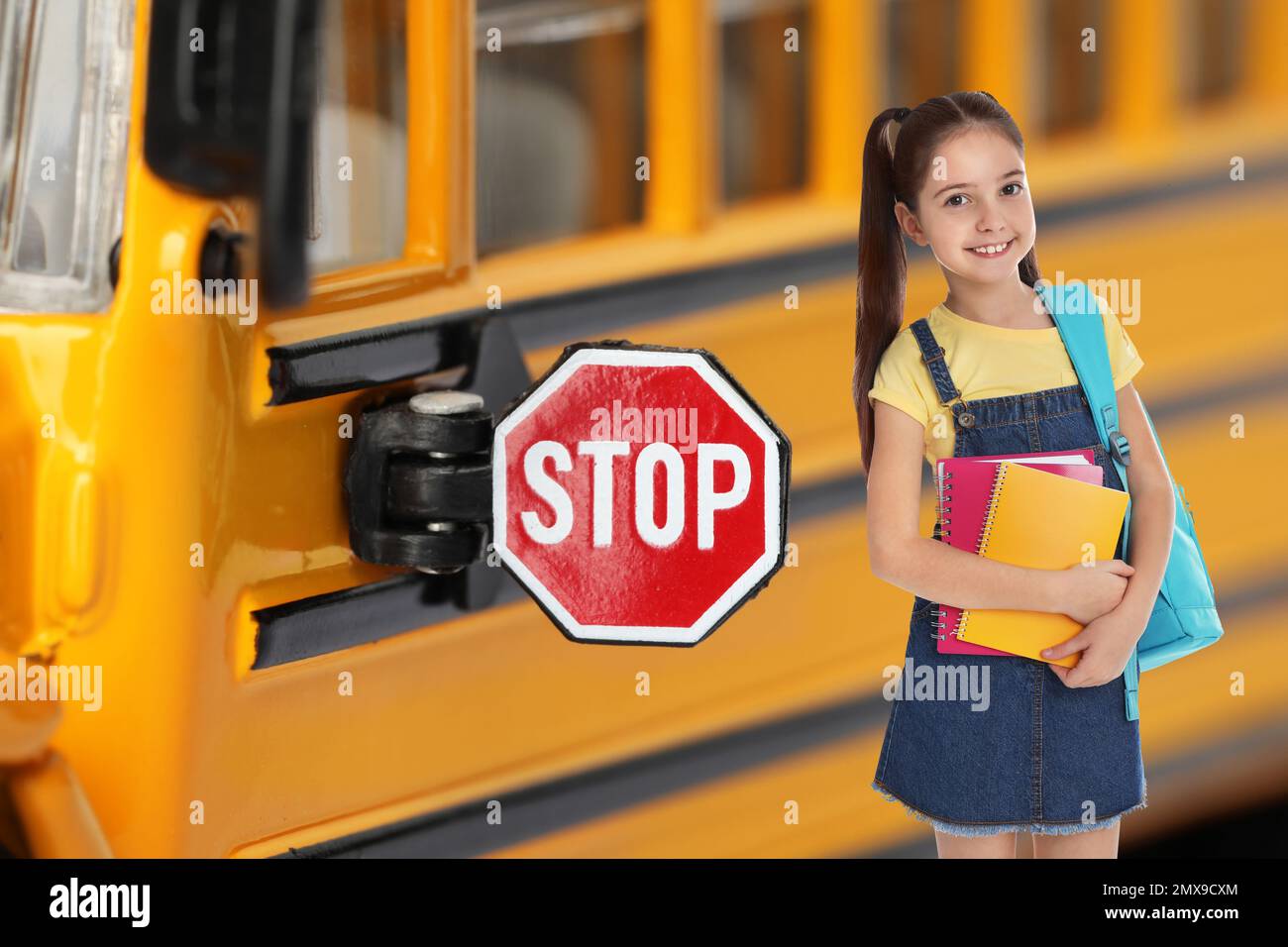 Girl with backpack near yellow school bus. Transport for students Stock ...