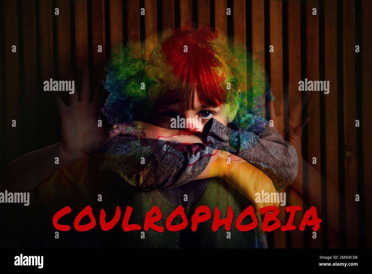 Coulrophobia concept. Double exposure of scared little girl and clown ...