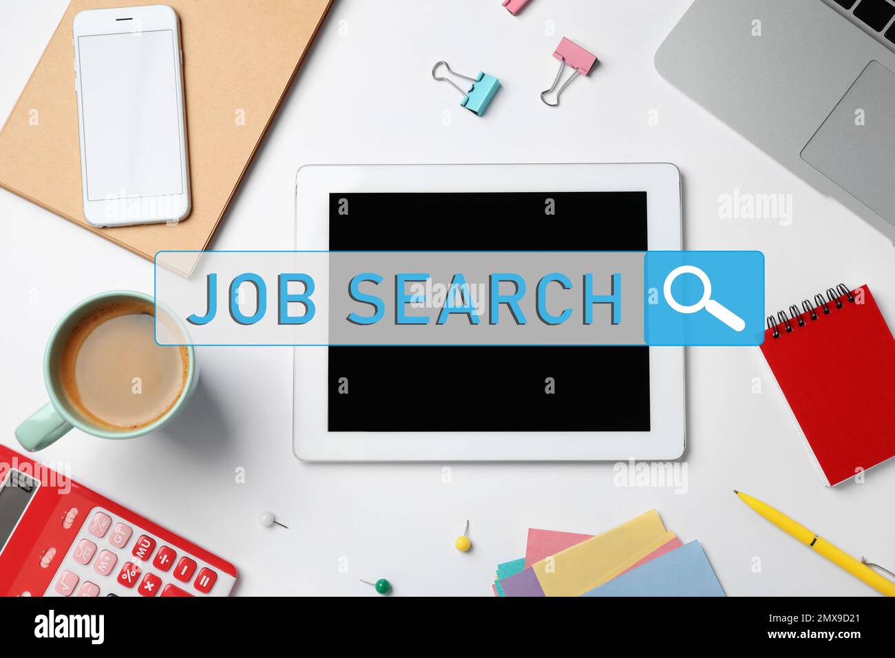 Tablet, laptop and cup of coffee on white background, flat lay. Job ...