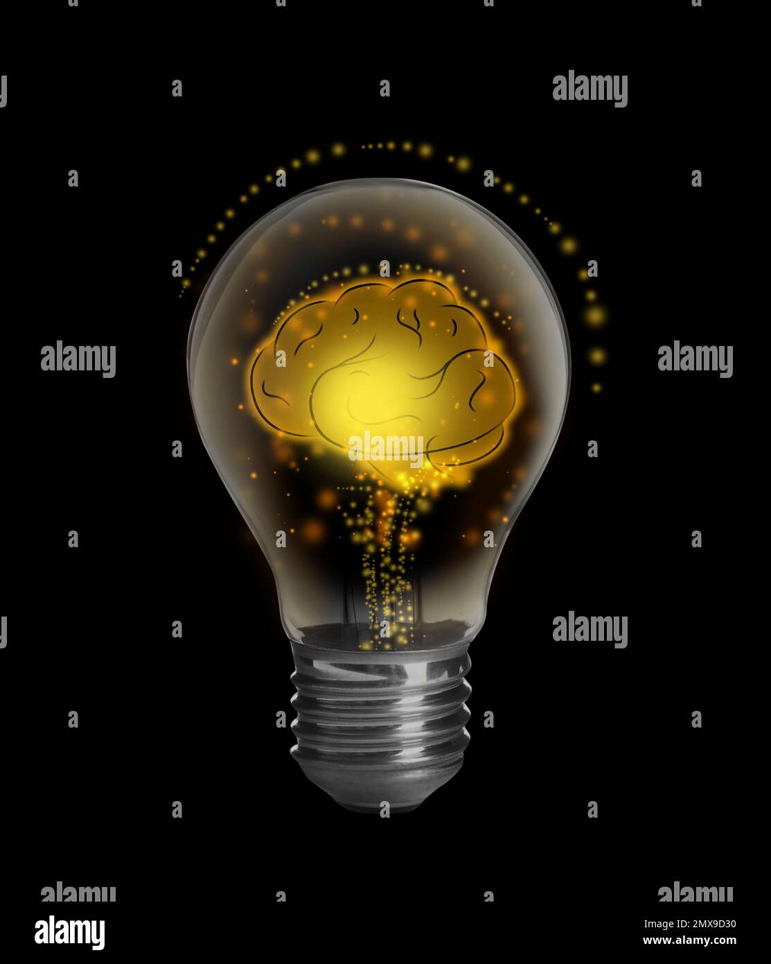 Lamp bulb with human brain inside on black background. Idea generation ...