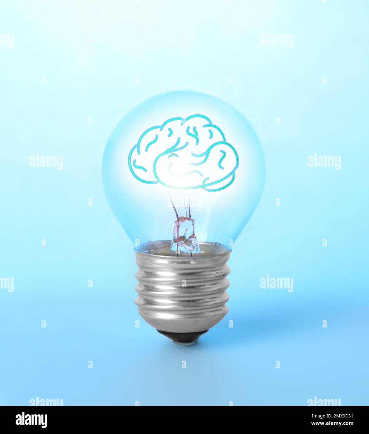 Lamp bulb with human brain inside on blue background. Idea generation ...