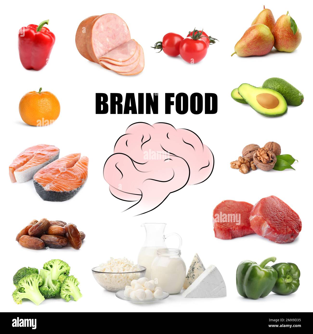 Set with different brain food on white background Stock Photo - Alamy