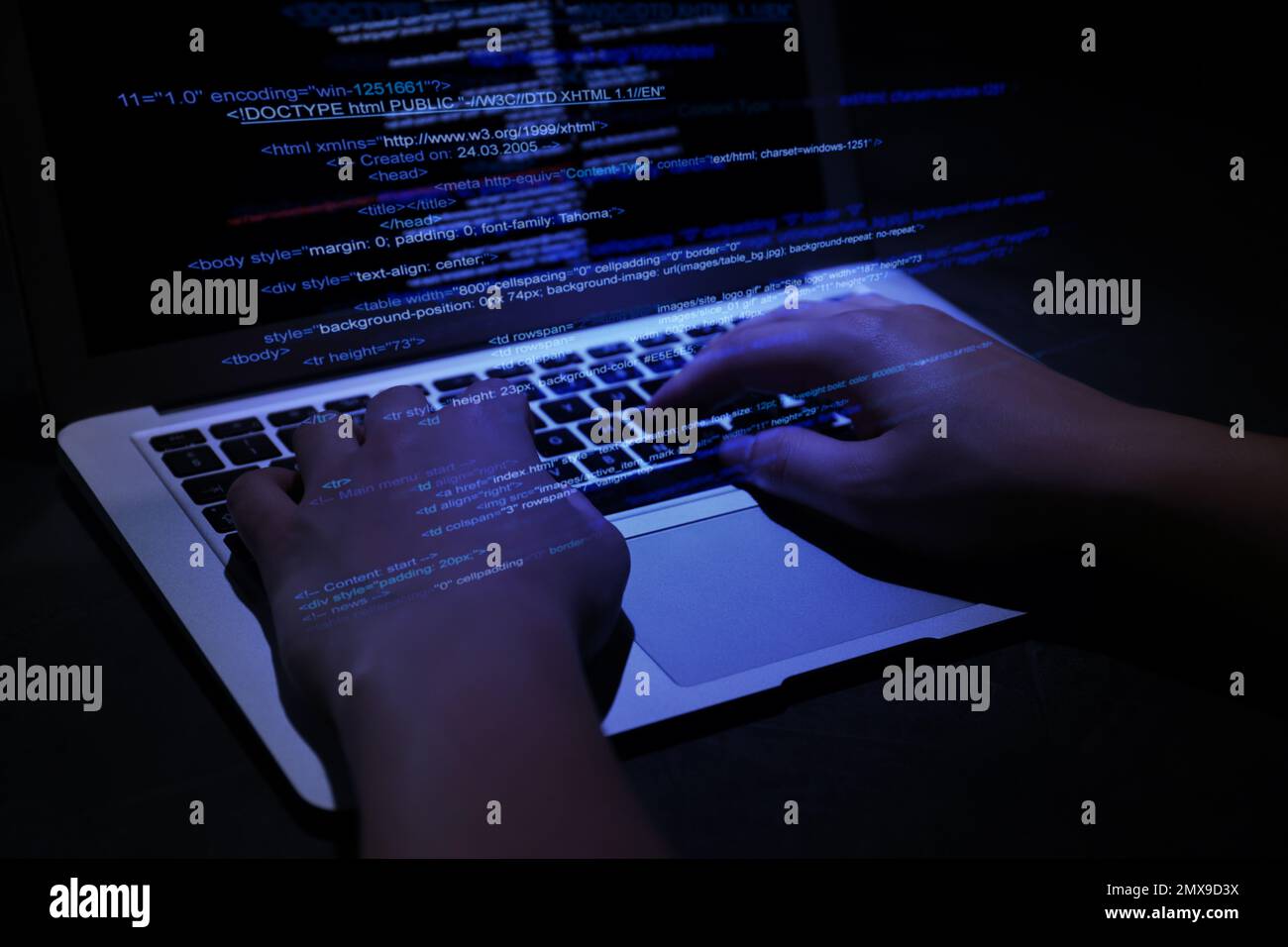 Hacker working with laptop at table, closeup. Cyber attack Stock Photo ...