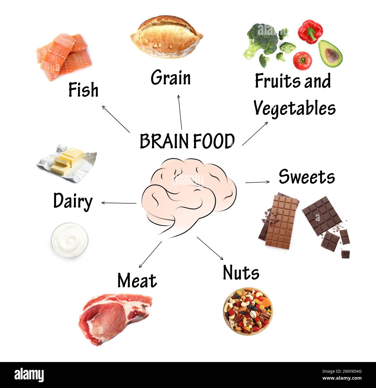 Set with different brain food on white background Stock Photo - Alamy