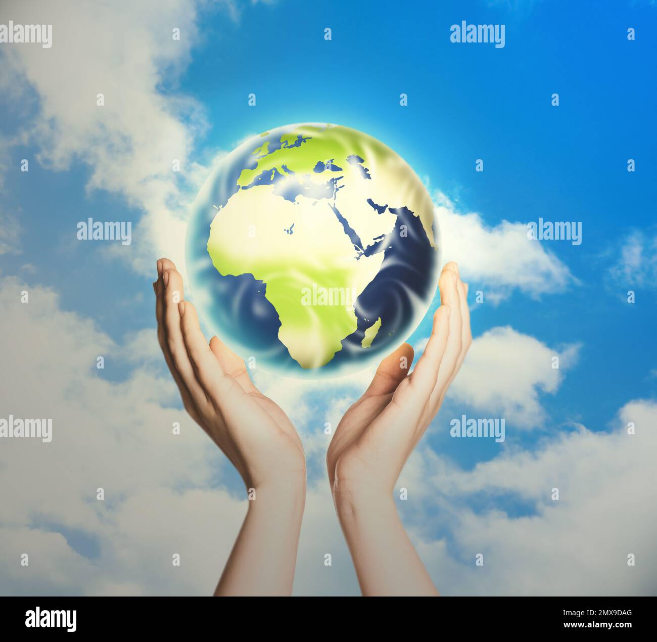 Earth globe against female hi-res stock photography and images - Alamy