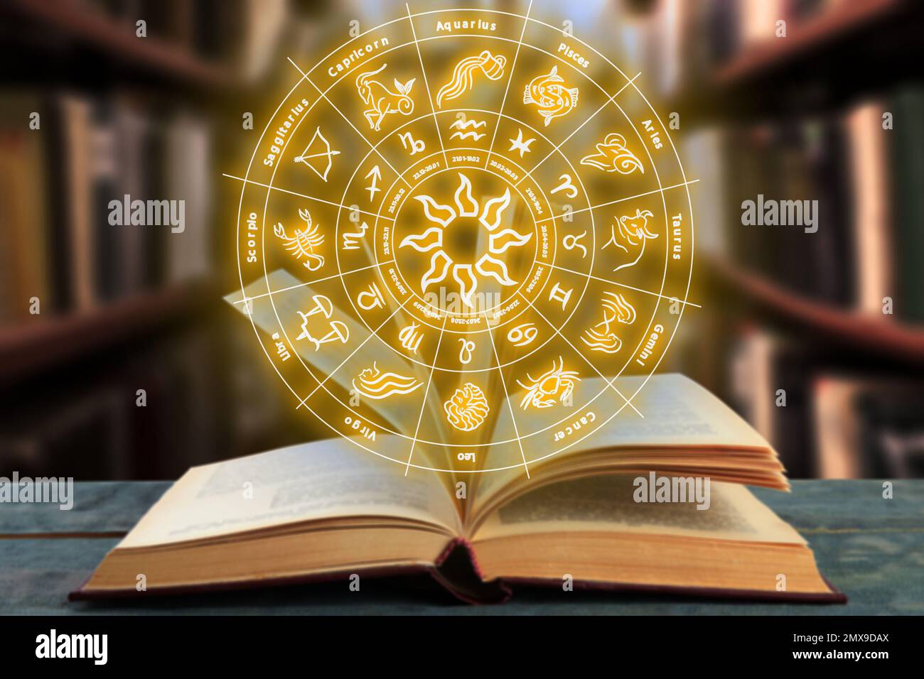 Old book on table indoors and illustration of zodiac wheel with ...