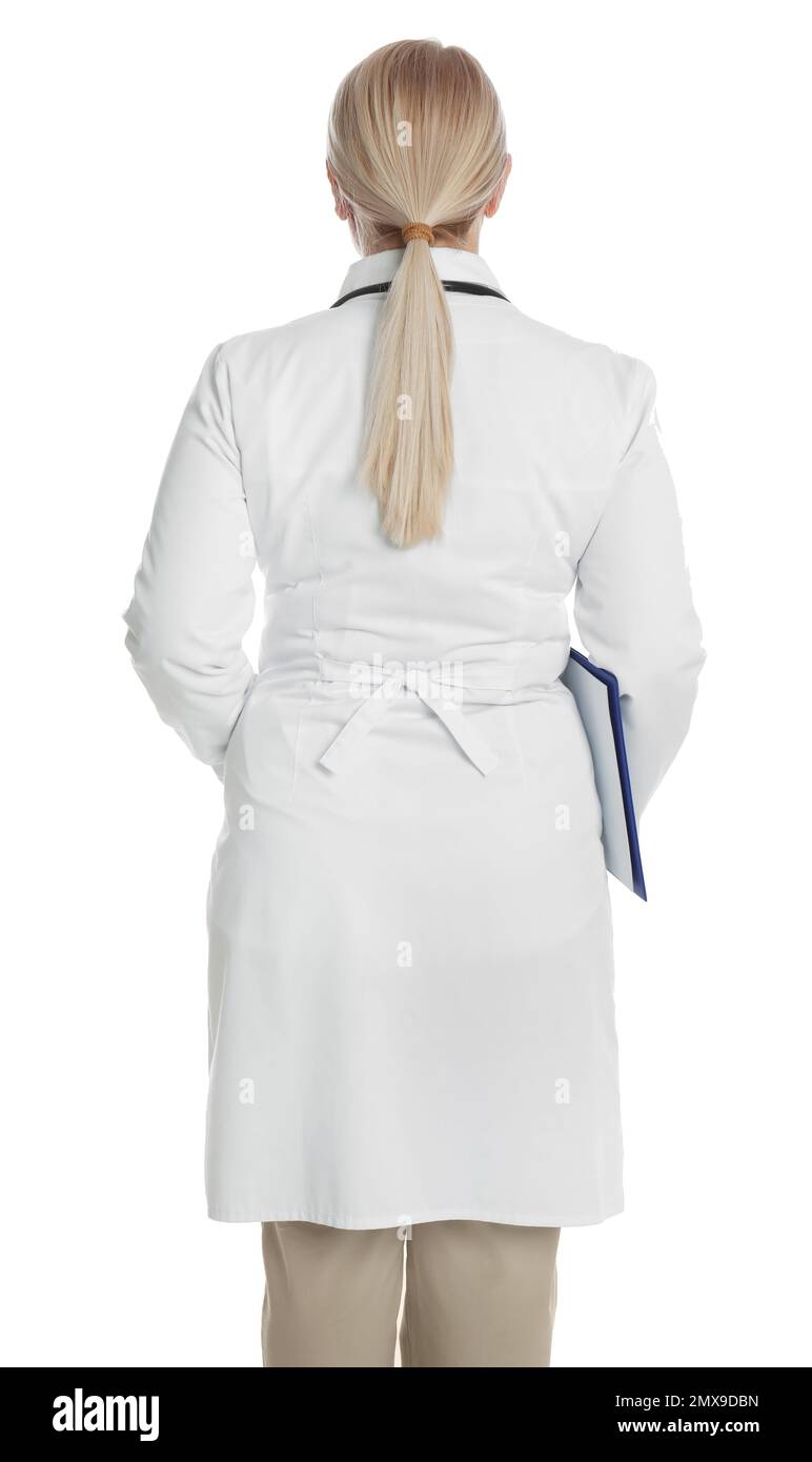 Doctor in clean uniform with clipboard on white background Stock Photo ...