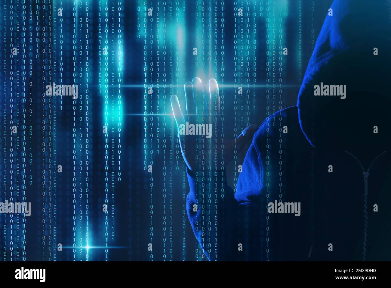 Hacker and digital binary code on dark background. Cyber crime concept ...