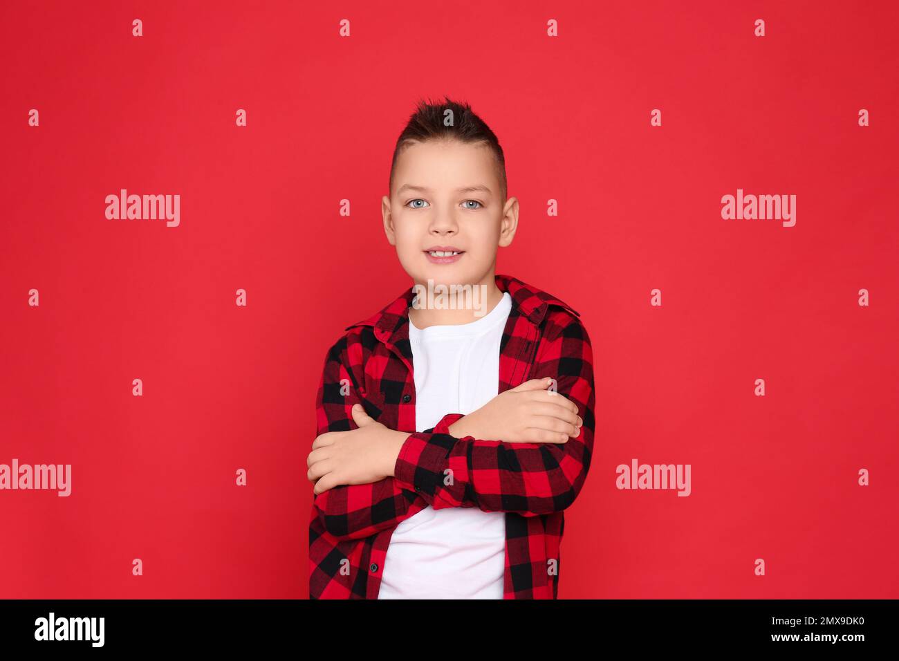 Portrait of cute little boy on red background Stock Photo - Alamy