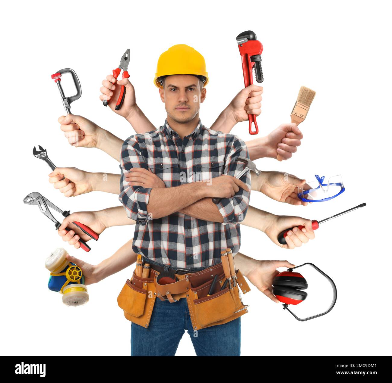 Multitasking concept. Handyman with different tools on white background ...