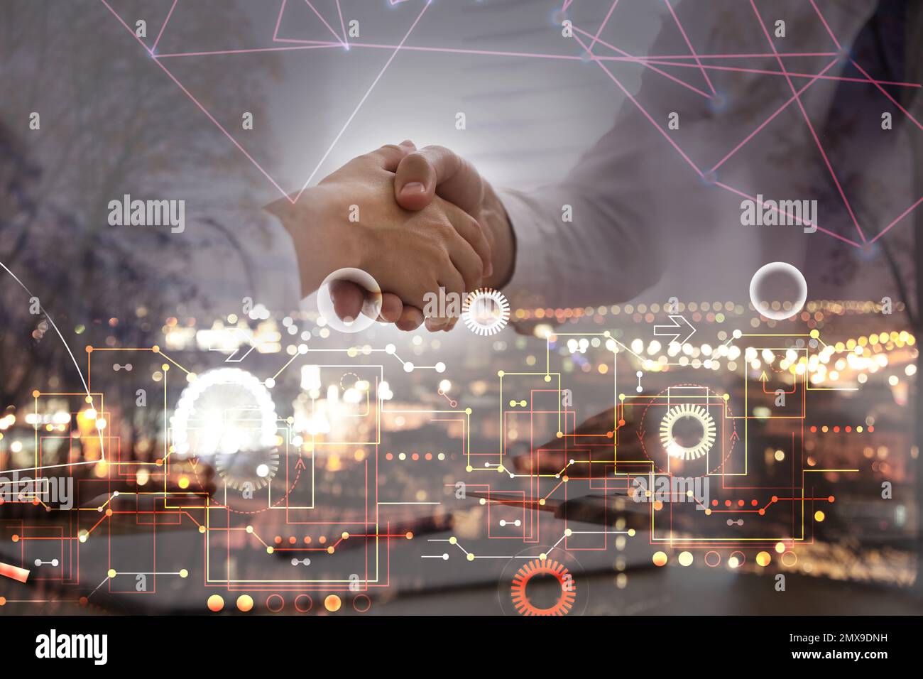 Forex trading. Schemes with double exposure of people shaking hands and ...