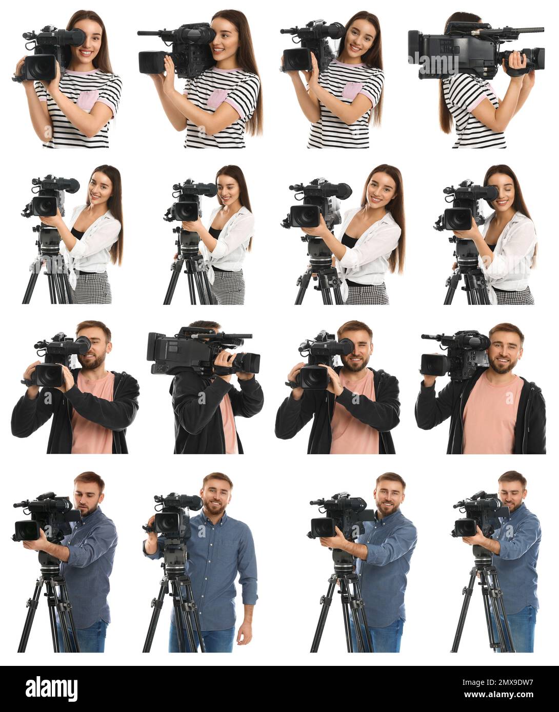 Collage of operators with professional video cameras on white ...