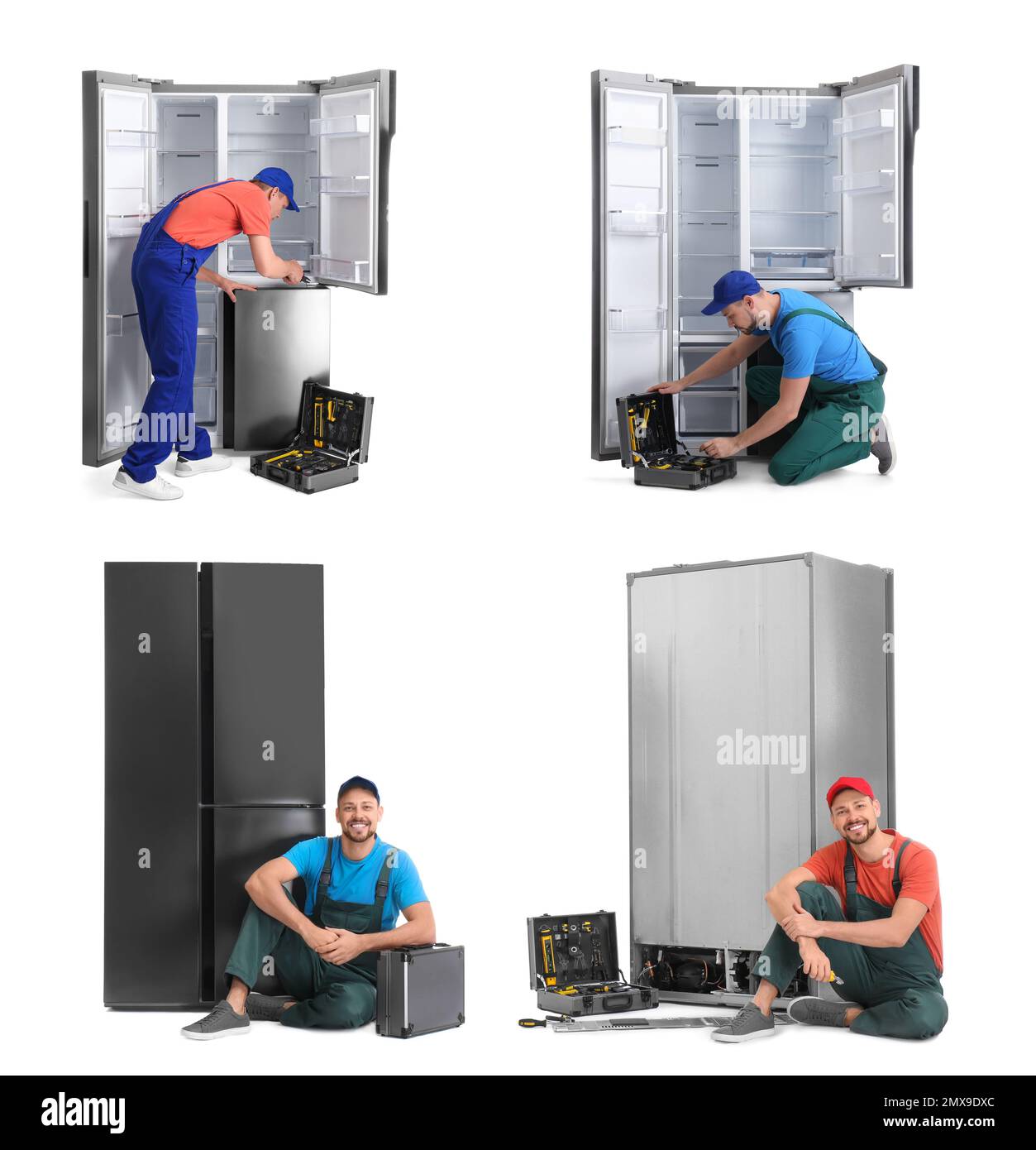 Collage of technical workers near refrigerators on white background ...