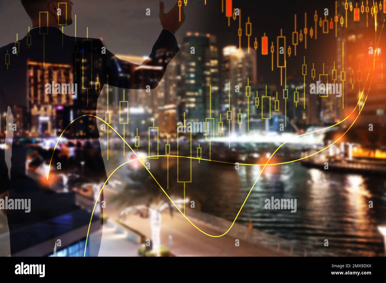 Forex trading. Charts and double exposure of man with night city Stock ...