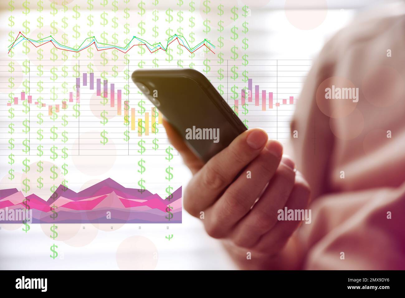 People making money. Closeup of businessman using smartphone indoors ...