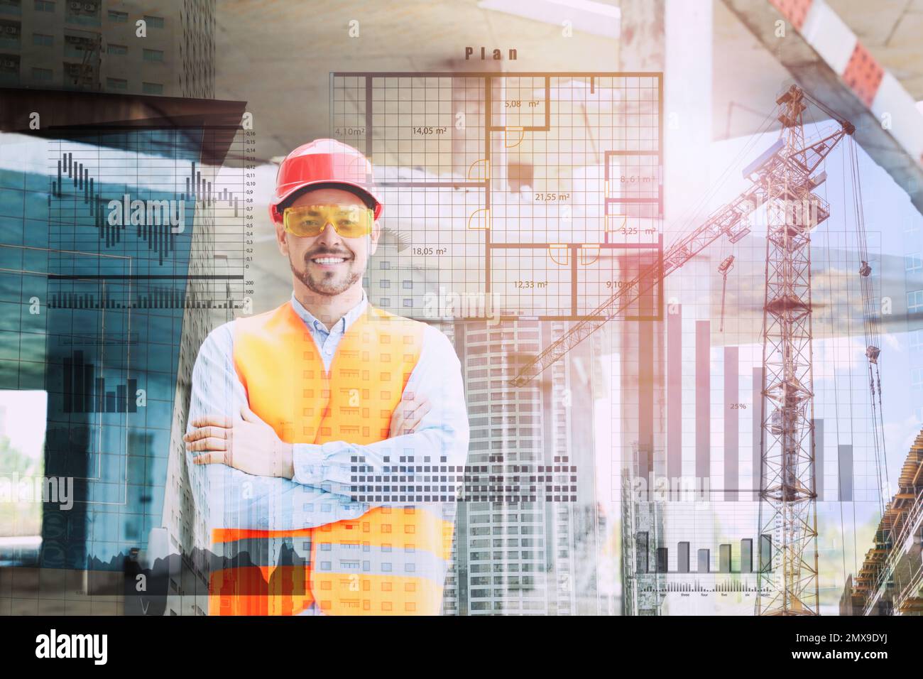 Multiple exposure of male industrial engineer in uniform, scheme and ...