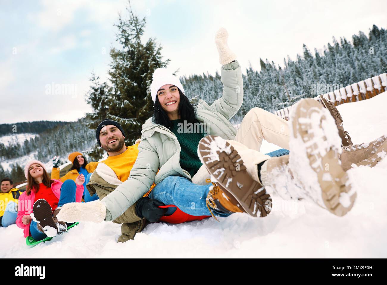 Group of friends having fun and sledding on snowy day. Winter vacation ...